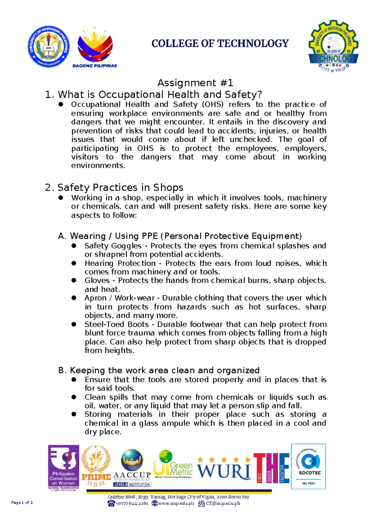 JRC Bsmat 2C ME104 Occupational Health & Safety Assignment Final - Studocu