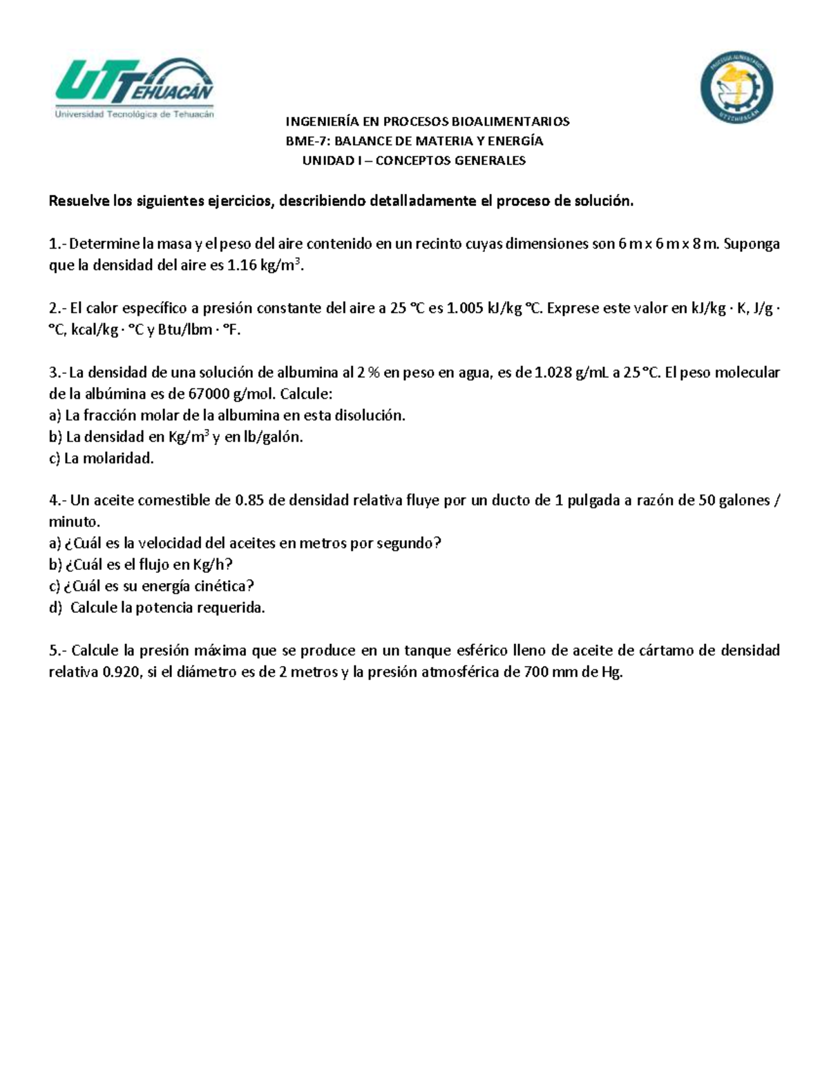 Ejercicios de Variables de Proceso - BME-7: Balance de Materia y Energía - Studocu