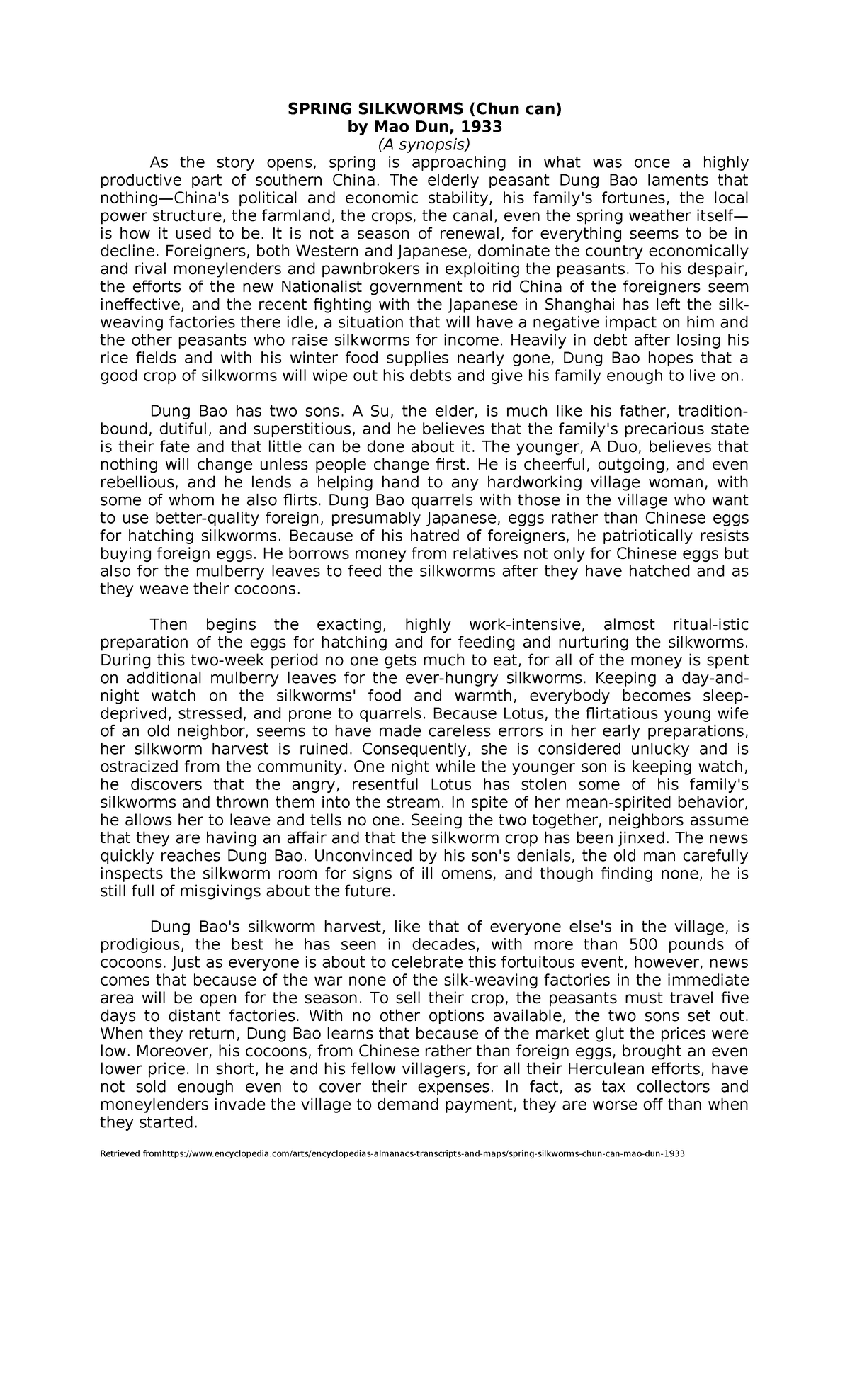 Spring Silkworms (Chun Can) Synopsis - A Study of Mao Dun's 1933 Work - Studocu