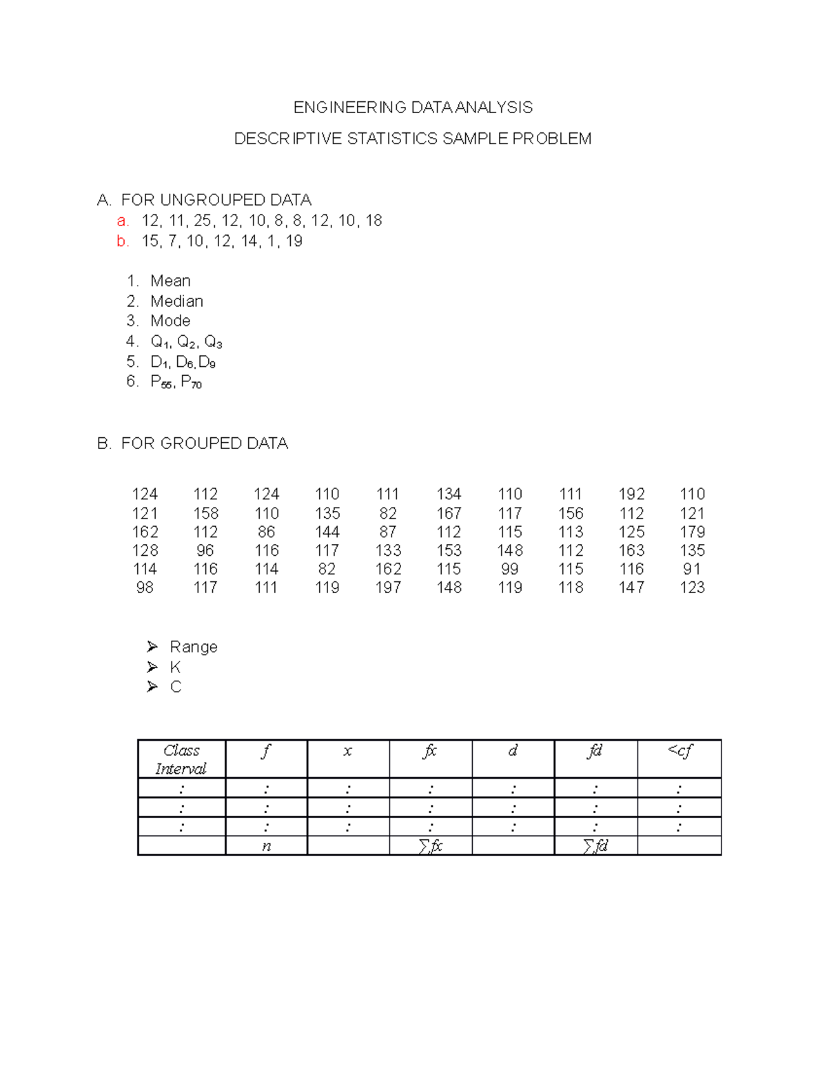 Engineering DATA Analysis Sample Problem Descriptive Statistics - ENGINEERING DATA ANALYSIS ...