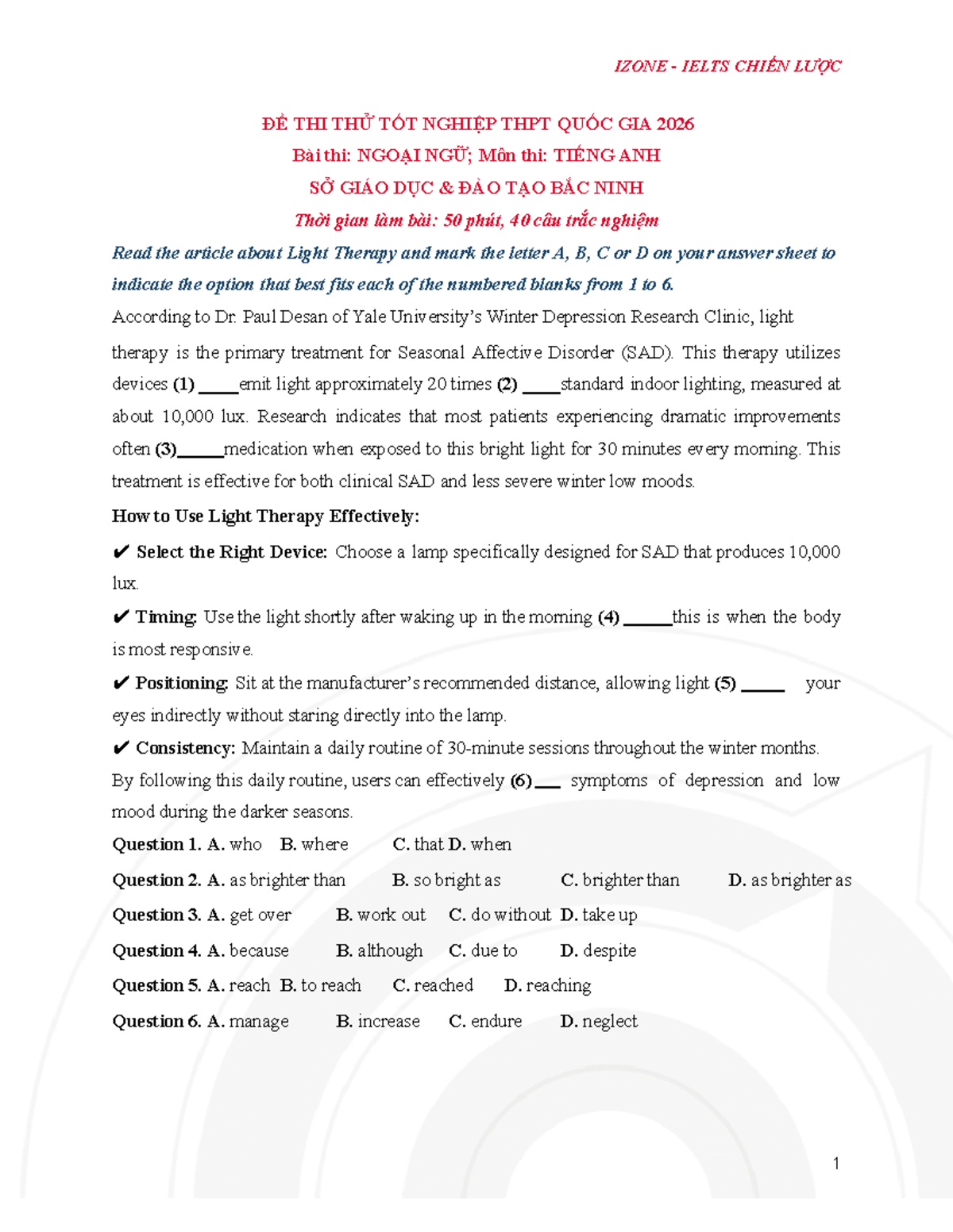 Đề Thi Thử Tốt Nghiệp THPT Quốc Gia 2026 - Tiếng Anh IZONE IELTS - Studocu
