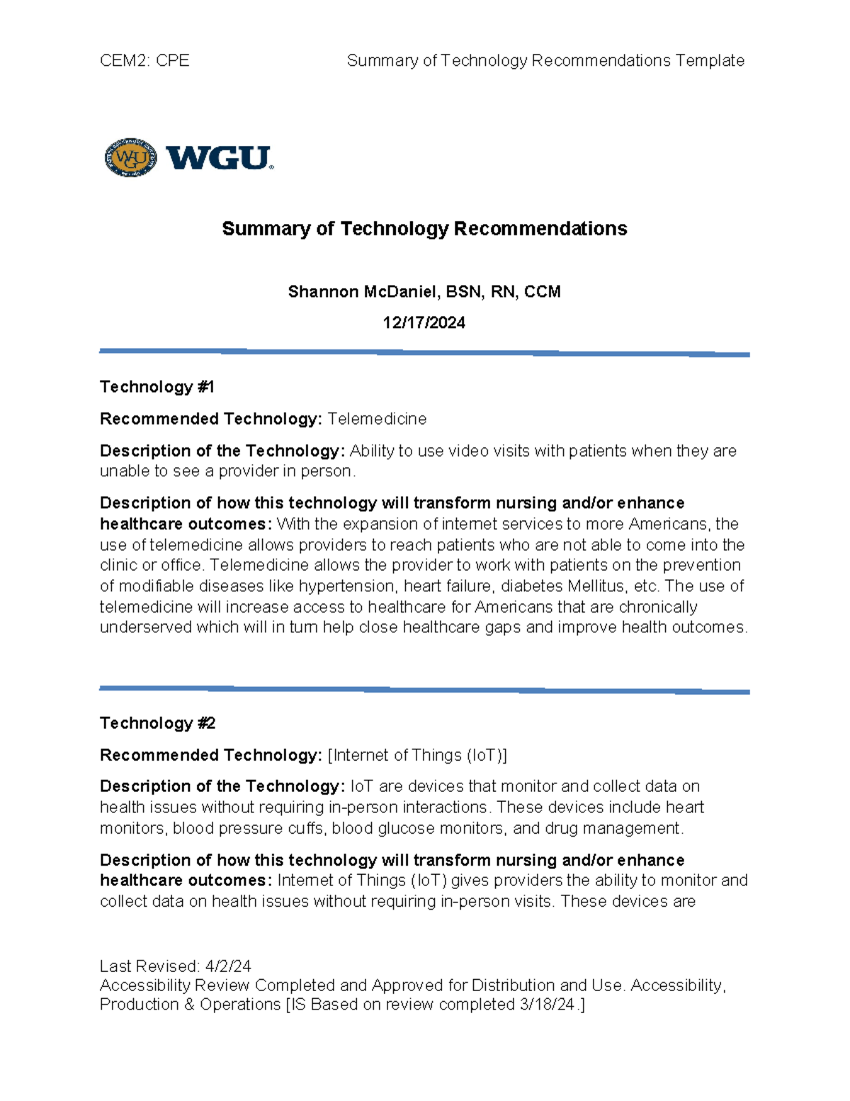 CEM2 Technology Recommendations Summary - S McDaniel - Studocu