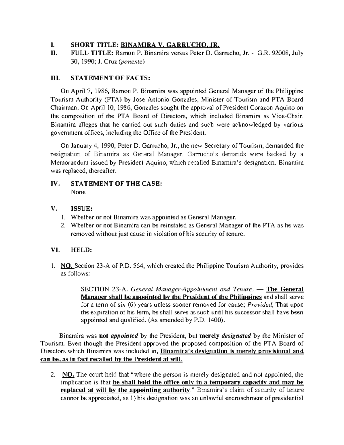Case Study: Binamira v. Garrucho, Jr. (G.R. No. 92008, 1990) Analysis ...