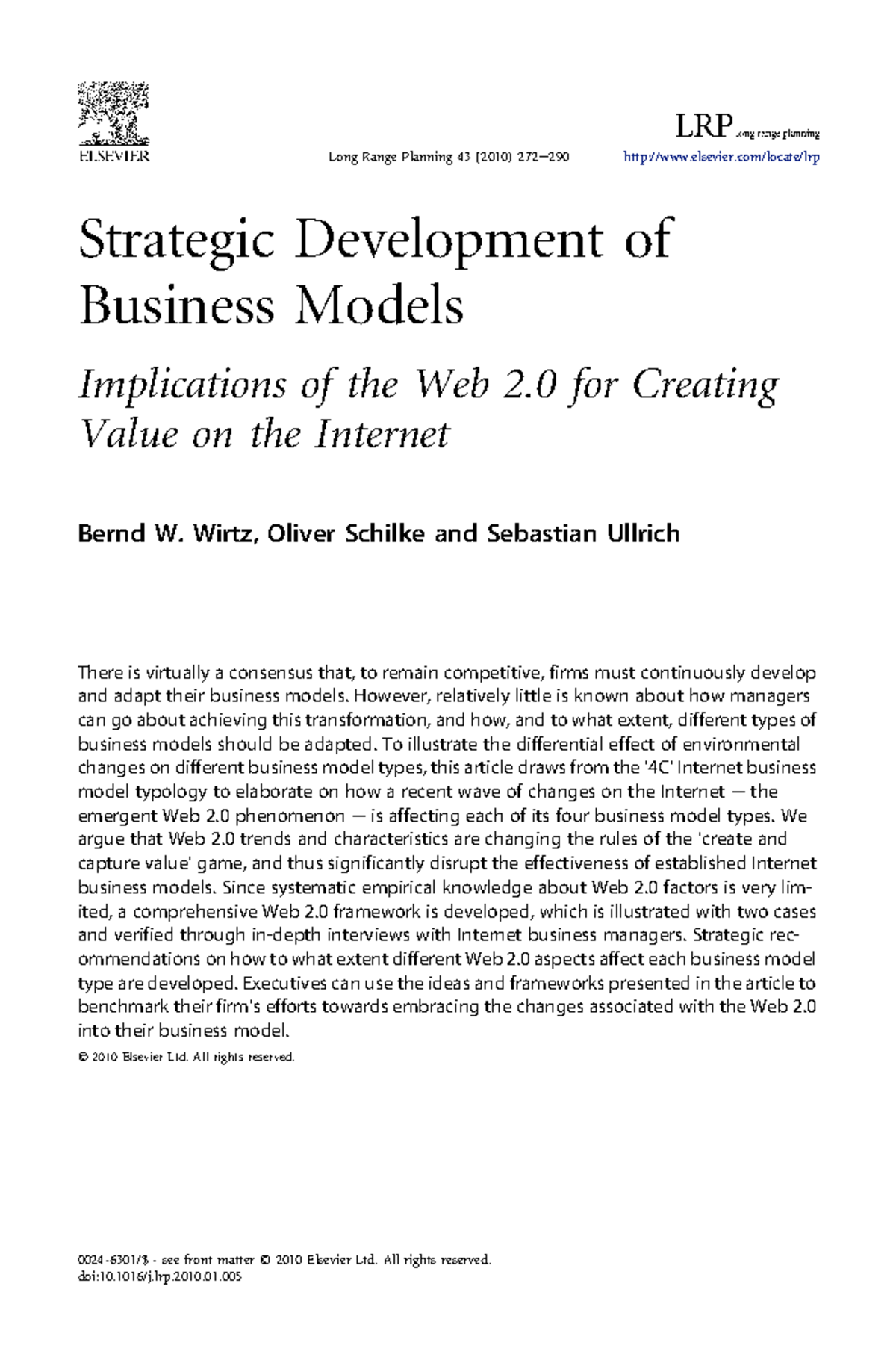 Strategic Development of Business Models in the Age of Web 2.0 (WIRTZ ...