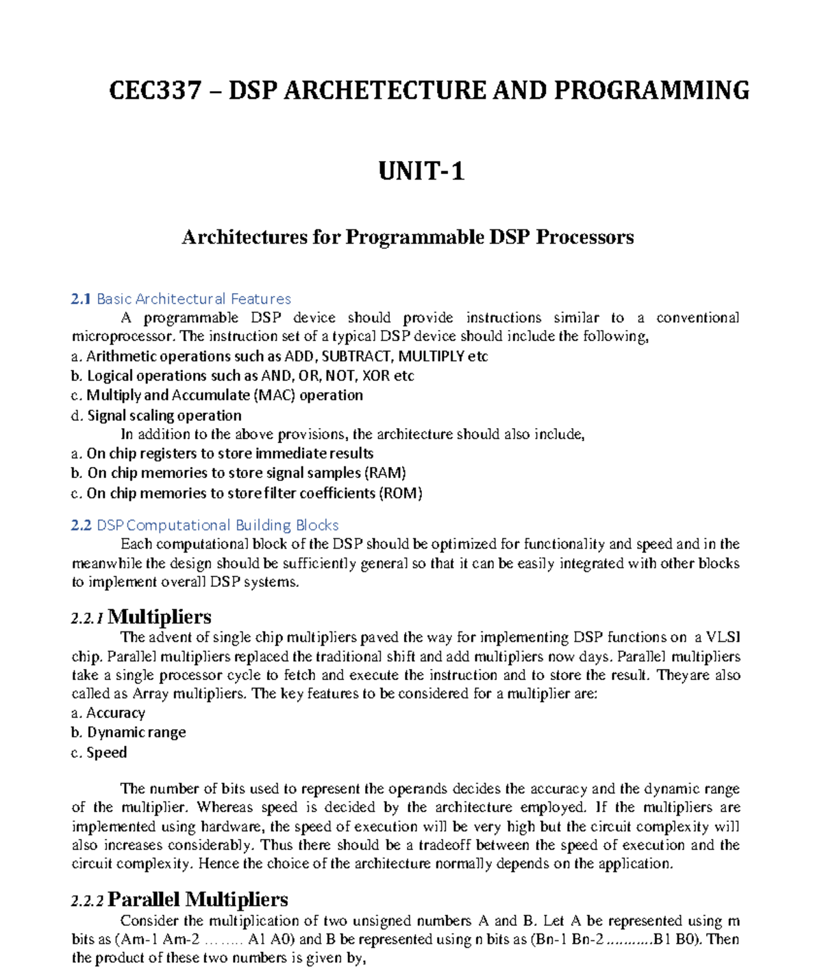 CEC337 Final Exam Notes on DSP Architecture and Programming - Studocu