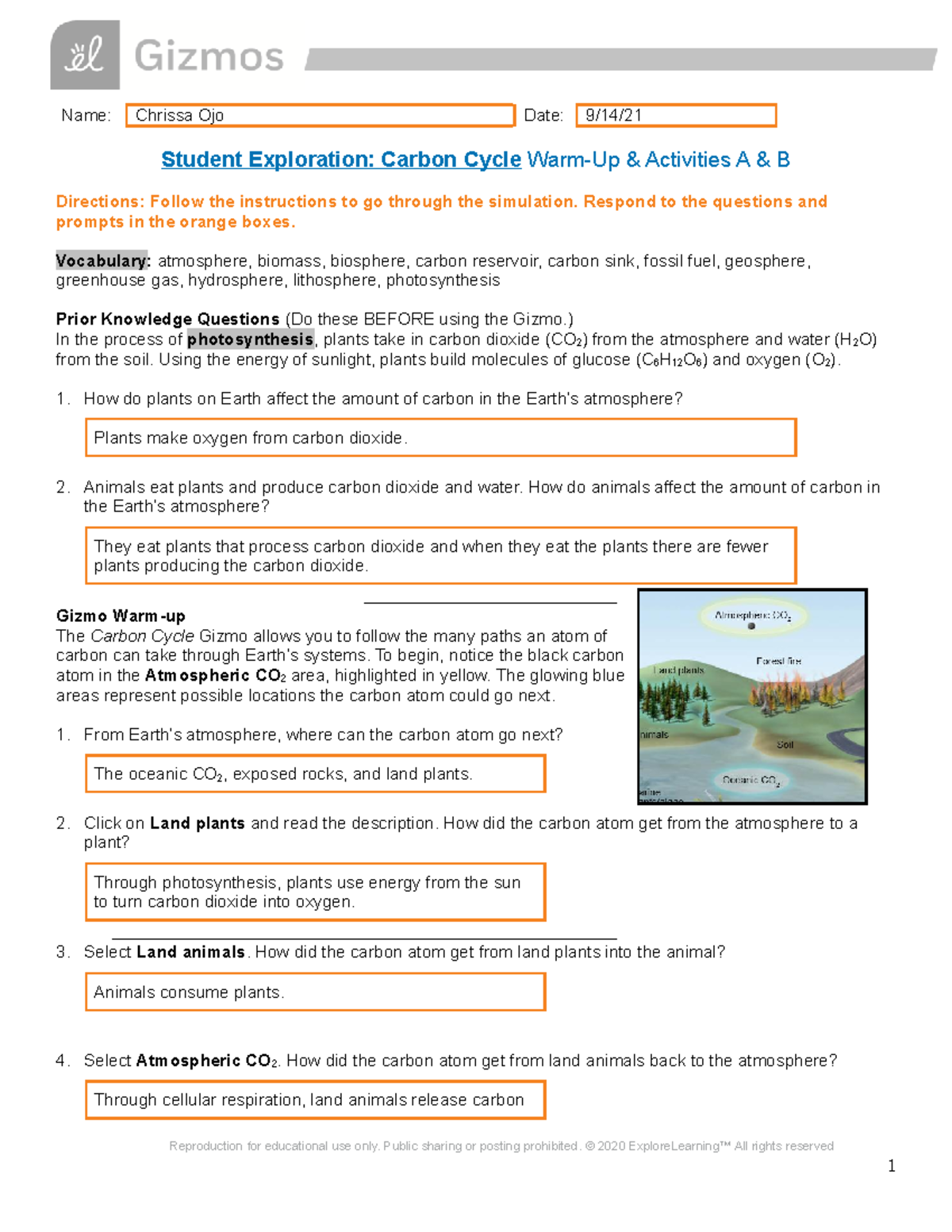 Carbon Cycle Gizmos SE Sheet Warm-Up & Activities A&B (Course Code: 9/ ...