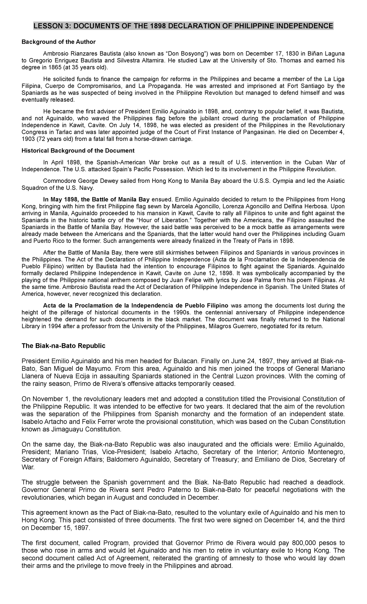 Lesson 3: Historical Documents of the 1898 Philippine Independence ...