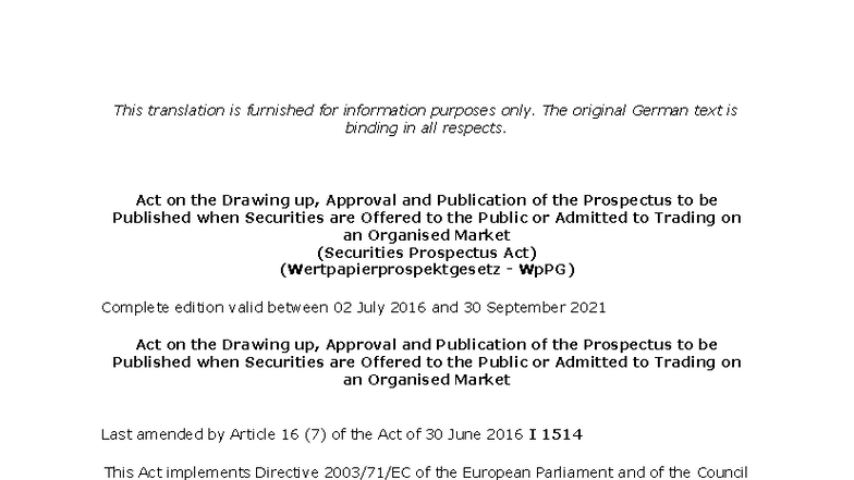 Securities Prospectus Act (WpPG) Overview and Key Provisions - Studocu