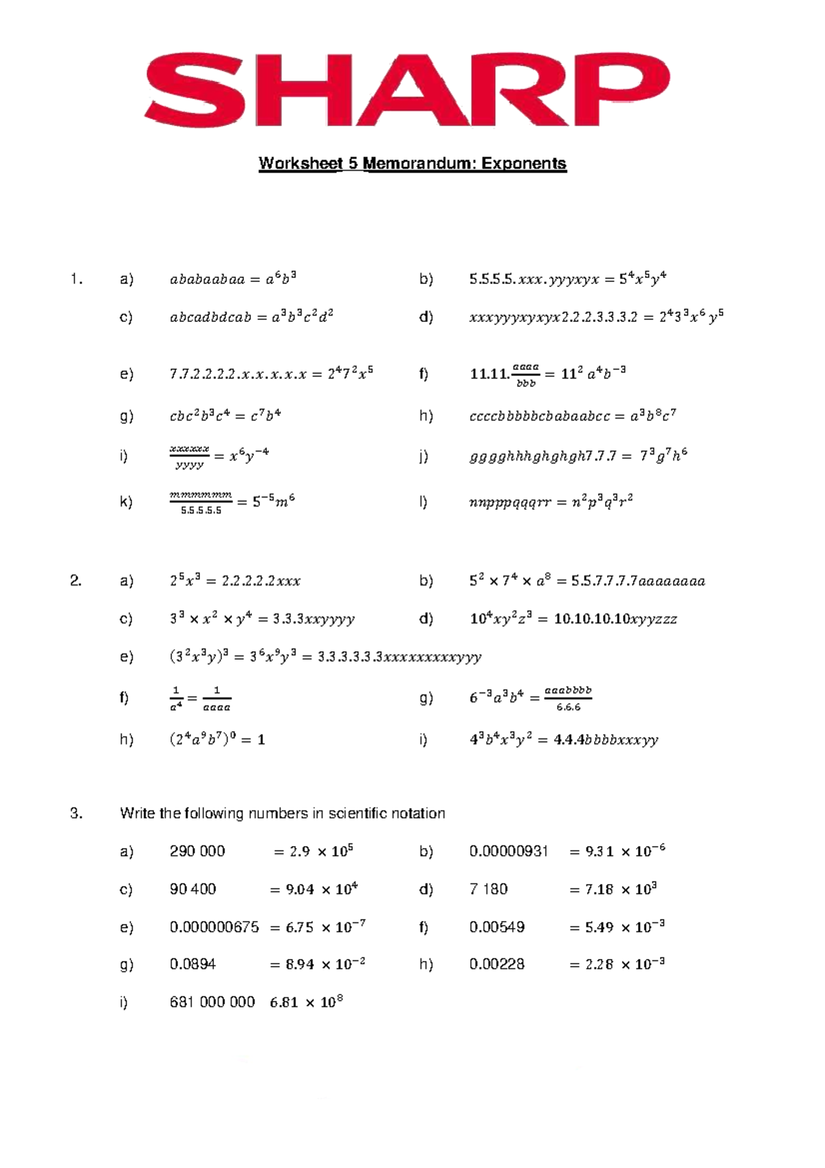 Grade 9 Math Worksheet 5 Mem: Exponents & Scientific Notation - Studocu