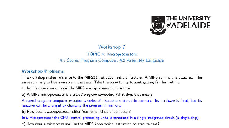 Workshop 7 Solutions: MIPS32 Microprocessors & Assembly Language - Studocu
