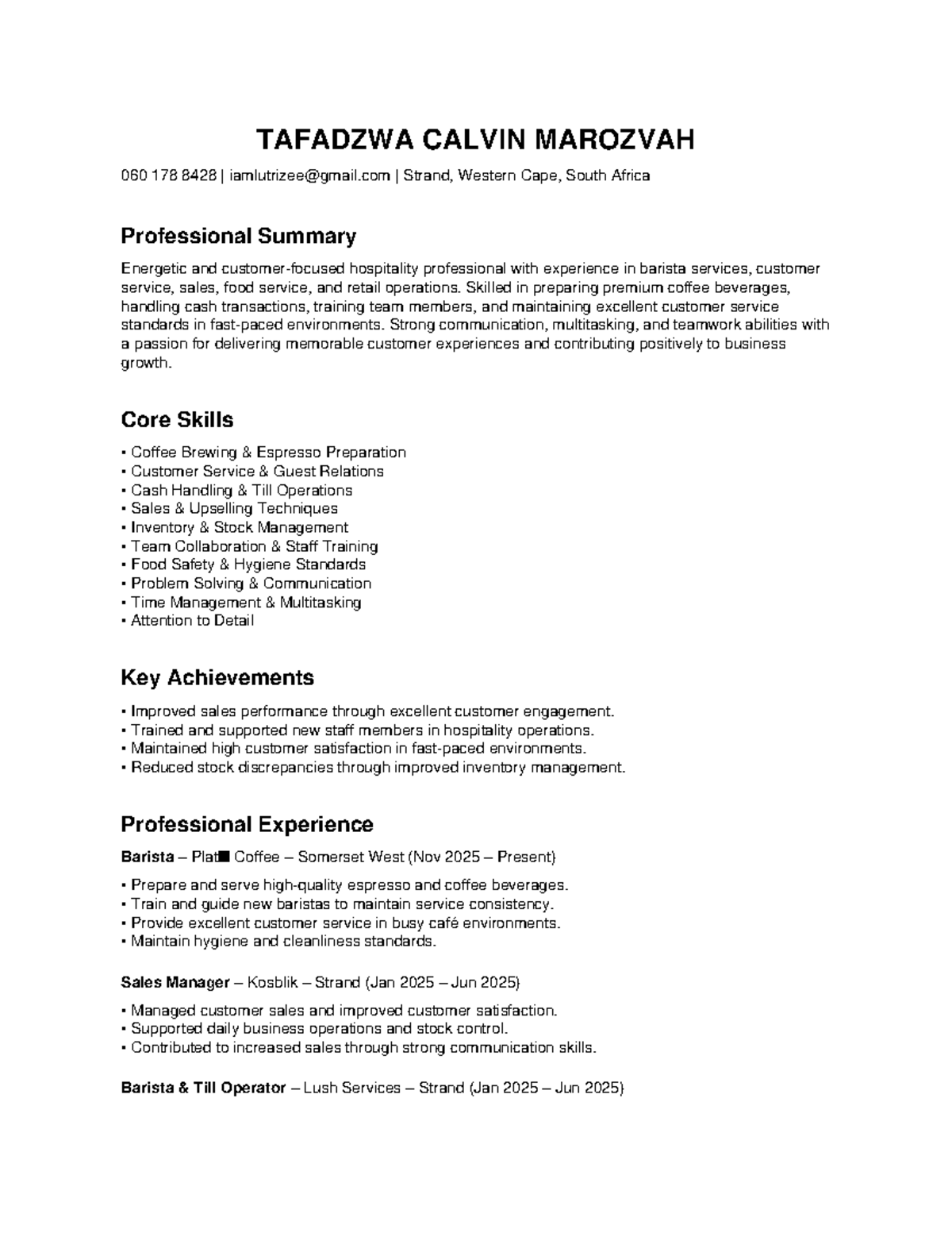 TAFADZWA MAROZVAH Professional Resume - Hospitality & Barista Skills ...