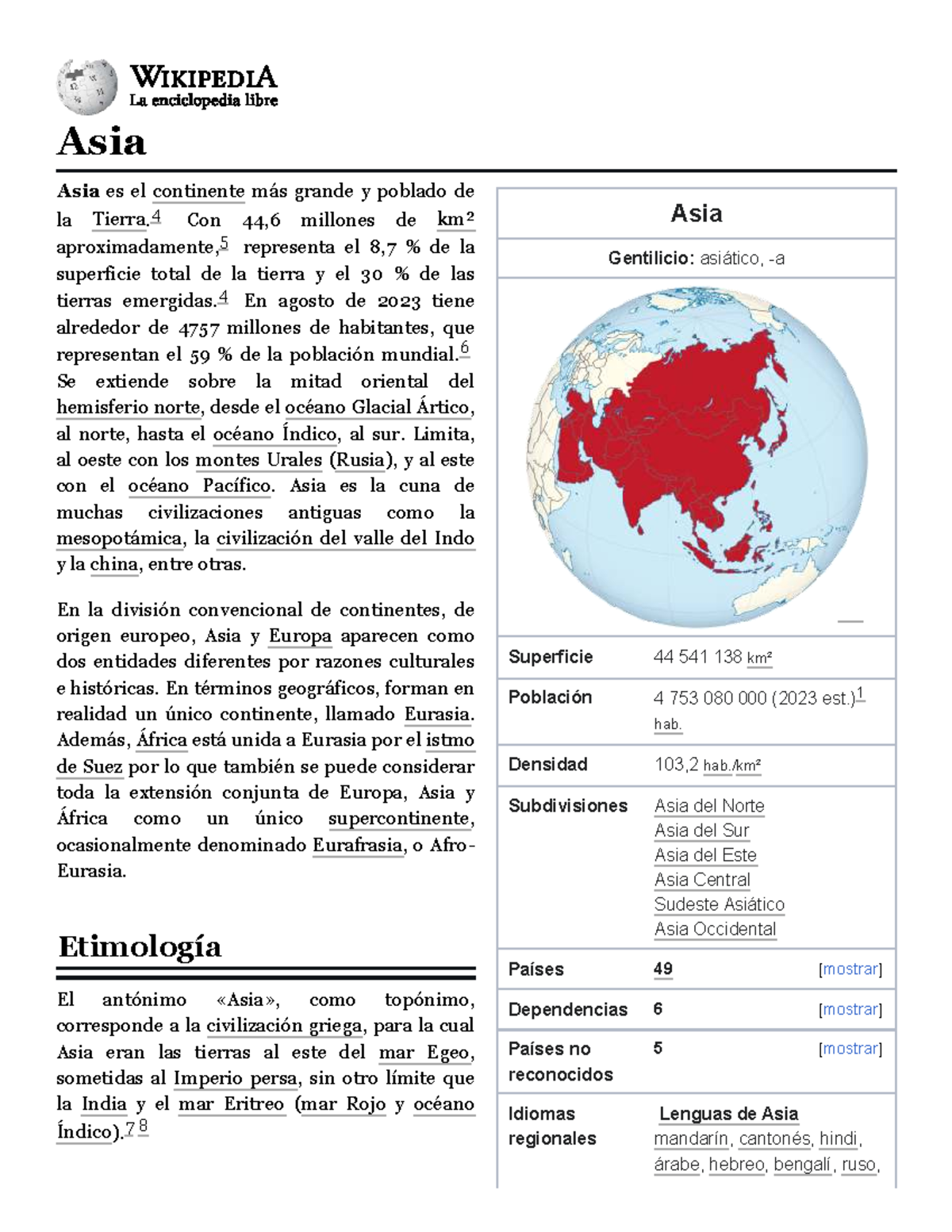 Asia: El Continente Más Grande y Poblado del Mundo - Studocu