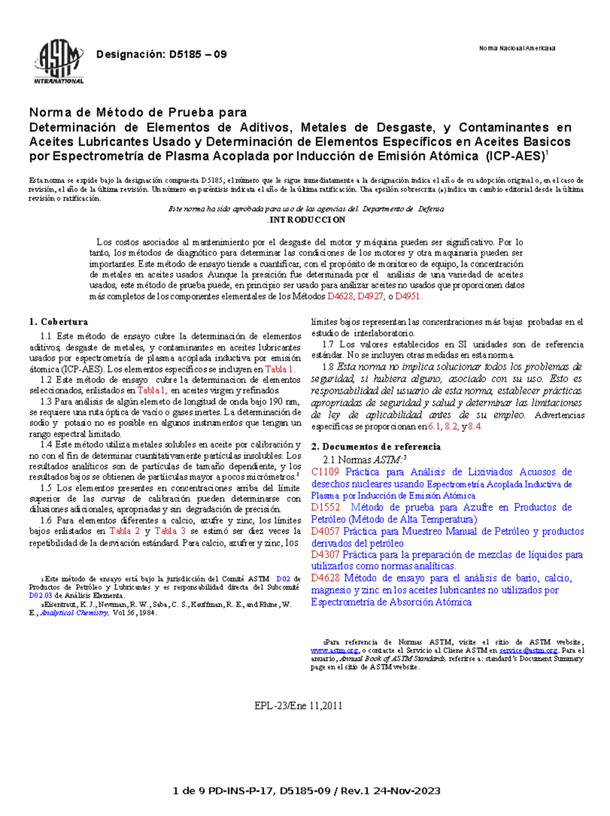ASTM D5185-09: Método de Prueba para Análisis de Aceites Usados por ICP ...