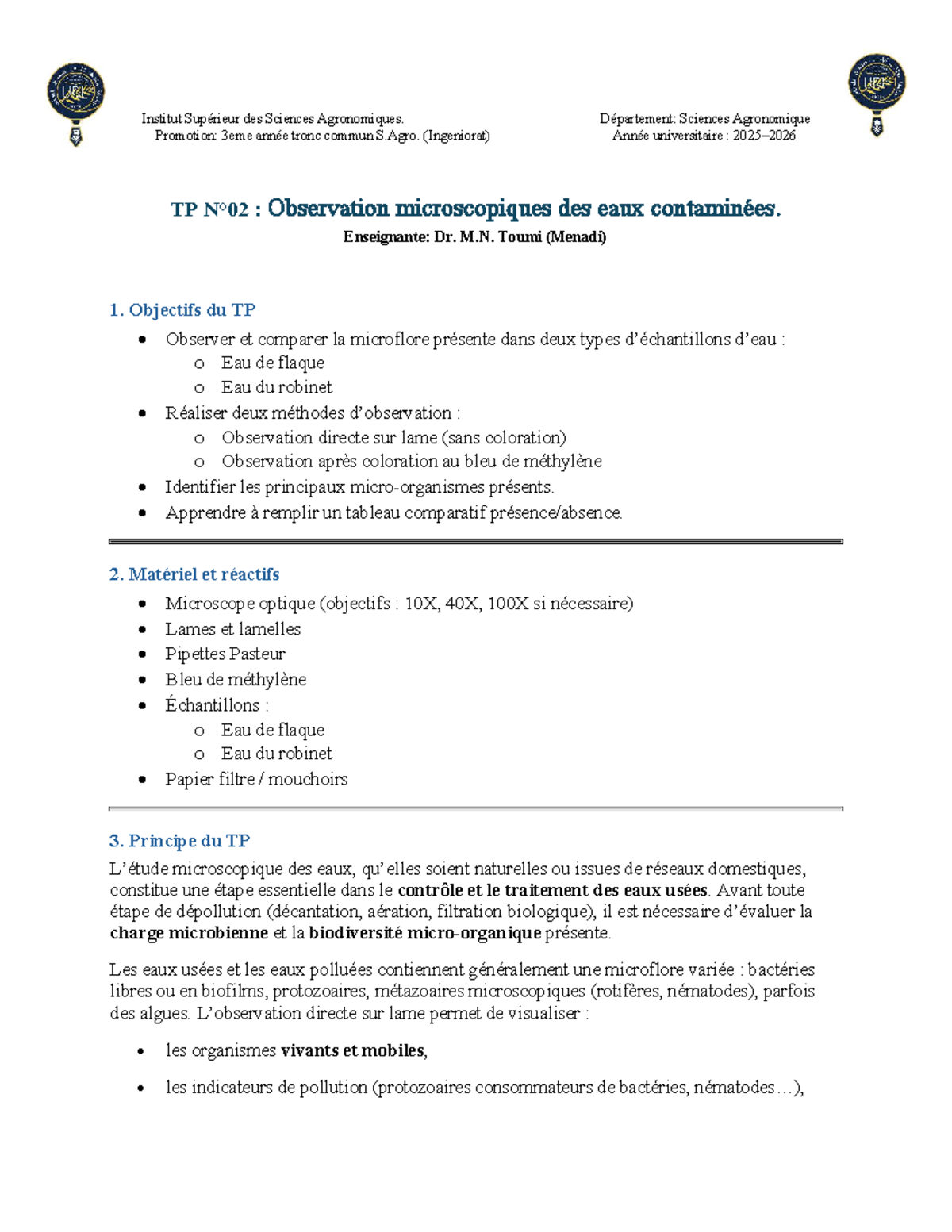 TP N°02: Observation Microscopique des Eaux Contaminées - 3eme Année S ...