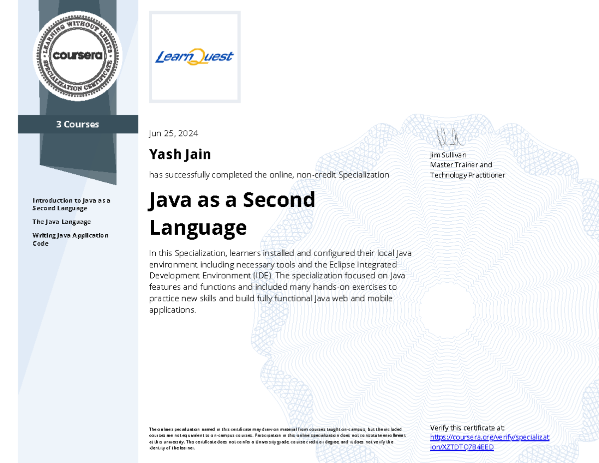 Yash Java Certificate - gooooooooooo - 3 Courses Introduction to Java ...