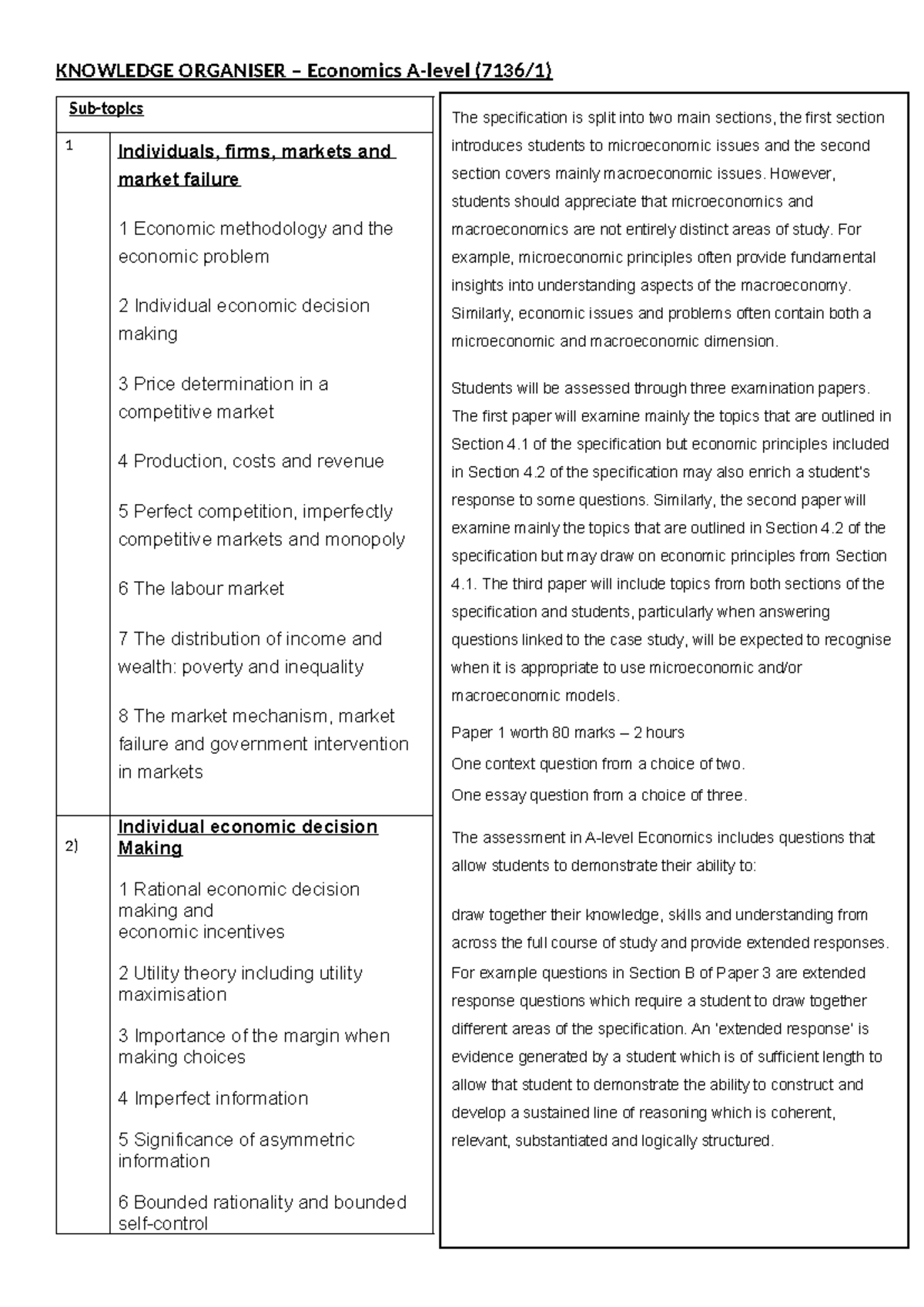 A-level Economics Knowledge Organiser (7136/1): Key Concepts and Topics ...