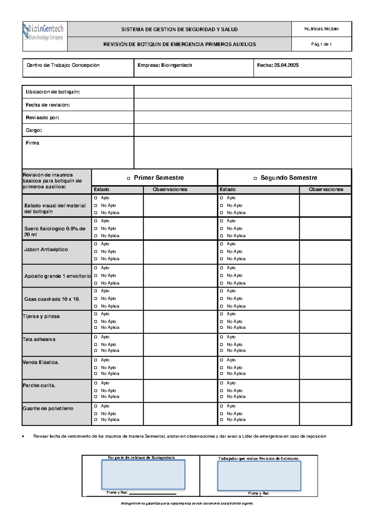 PG.CPP.BIO.01-F07 Ed01 Revisión de botiquín - SISTEMA DE GESTION DE ...