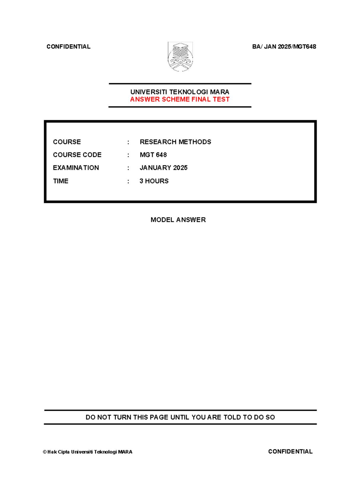 MGT 648 Final Test Answer Scheme: Research Methods January 2025 - Studocu