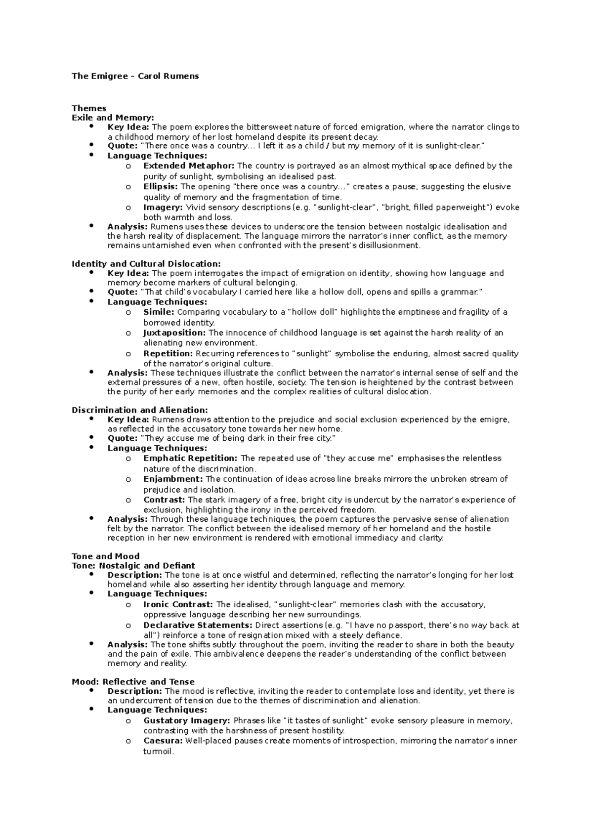 The Emigree (Poem) Revision: Themes of Exile, Memory & Identity - Studocu