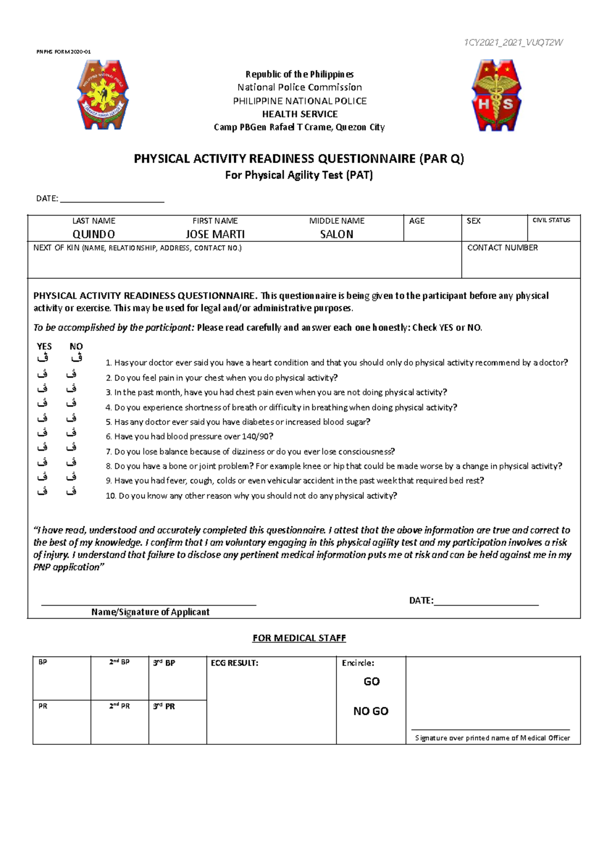 1CY2021_PNPHS Physical Activity Readiness Questionnaire (PAR-Q) - Studocu