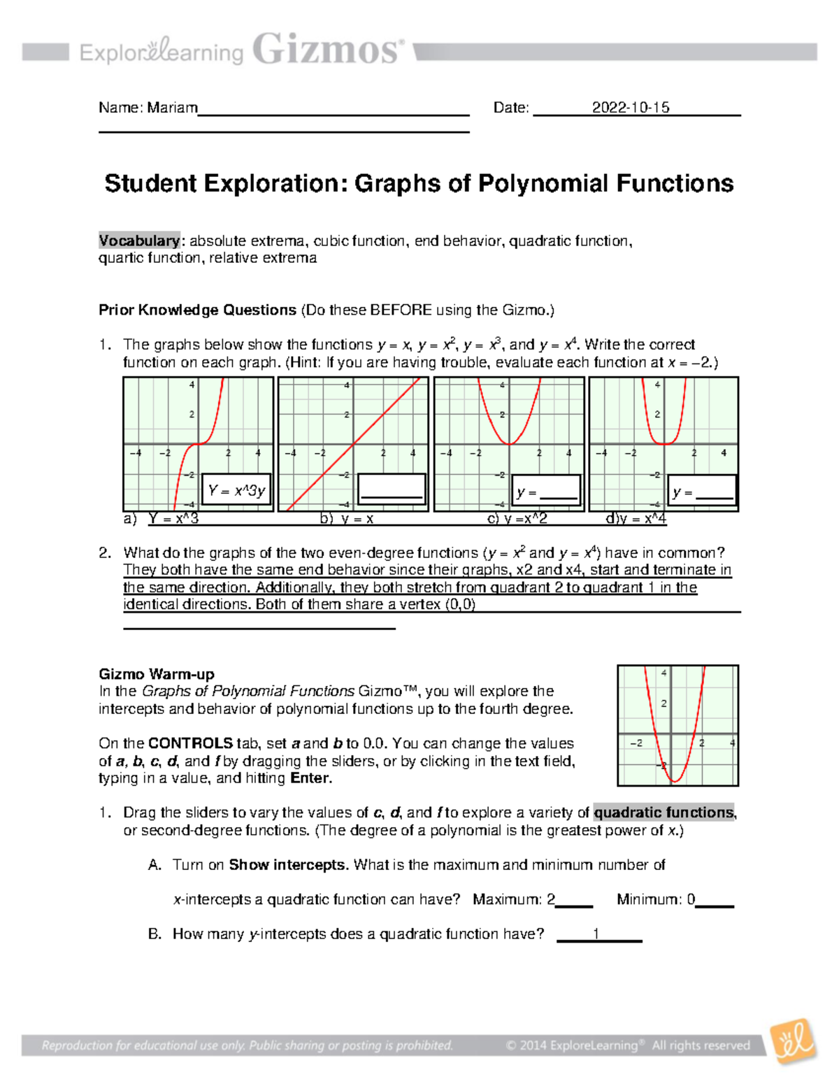 MHF4U-Graphs of Polynomial Functions - Unit 1 Exploration Guide - Studocu