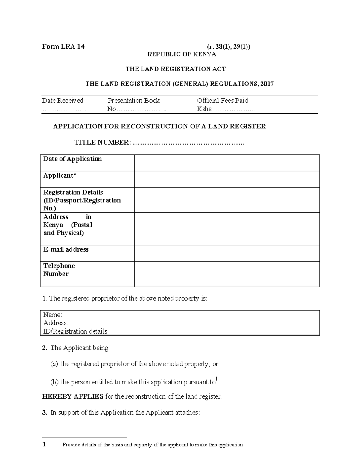 Form LRA 14 Application for Reconstruction of Land Register Title - Studocu