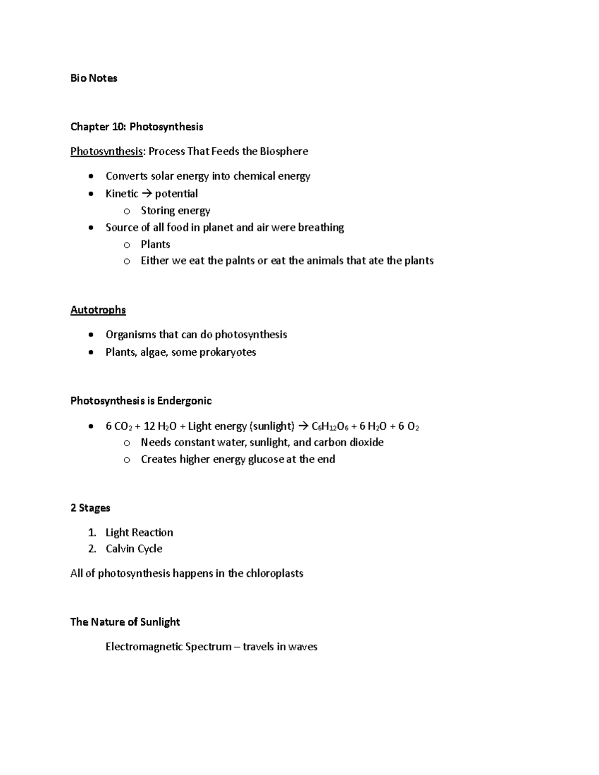 Bio Notes CH10: Photosynthesis Overview, Mechanisms & Stages - Studocu