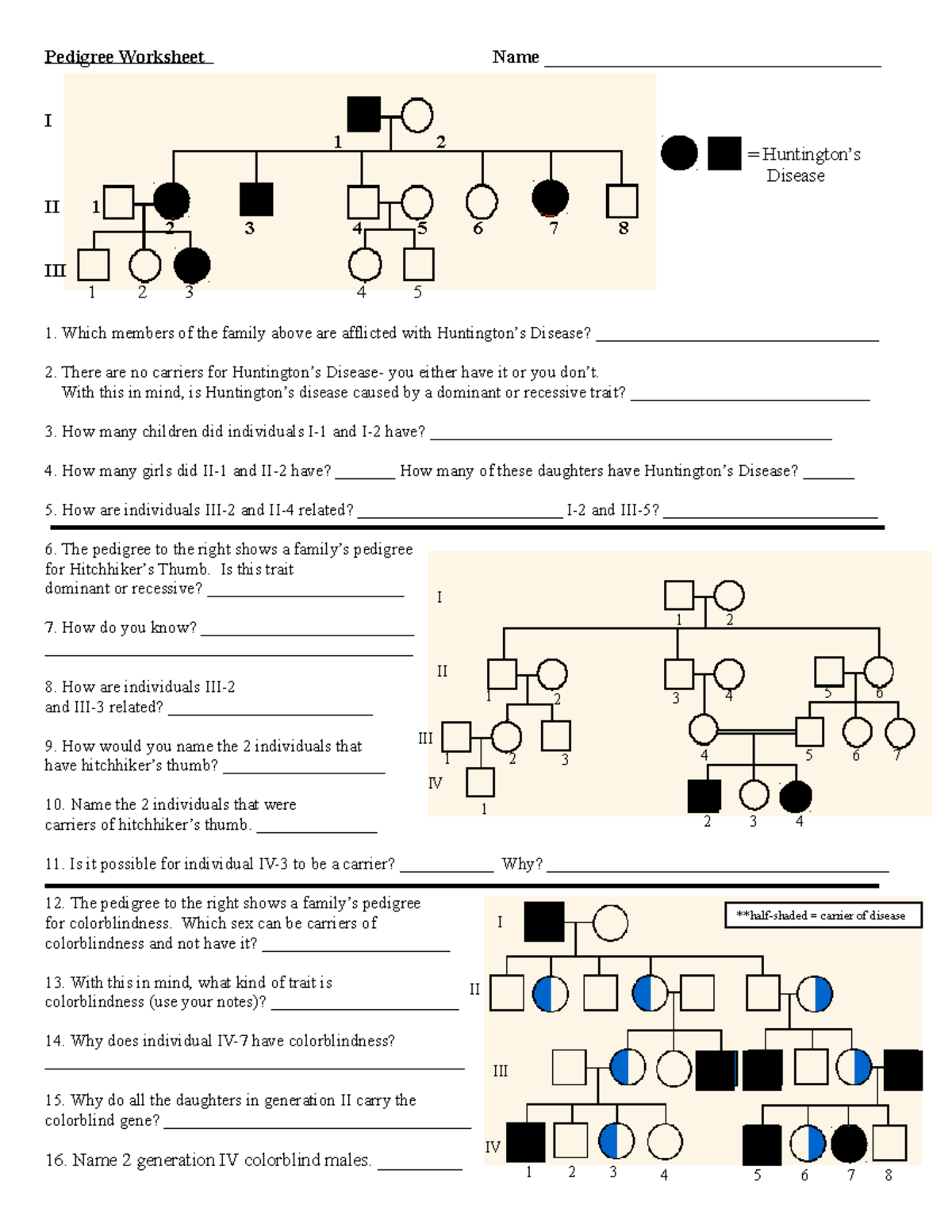 Genetics Pedigree Practice Worksheet: Huntington's & Colorblindness ...