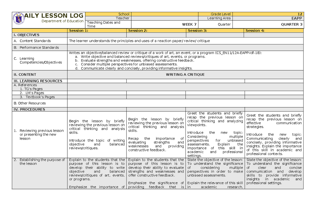 EAPP Q3 W7 - Daily Log for Writing Objective Critiques and Reviews ...