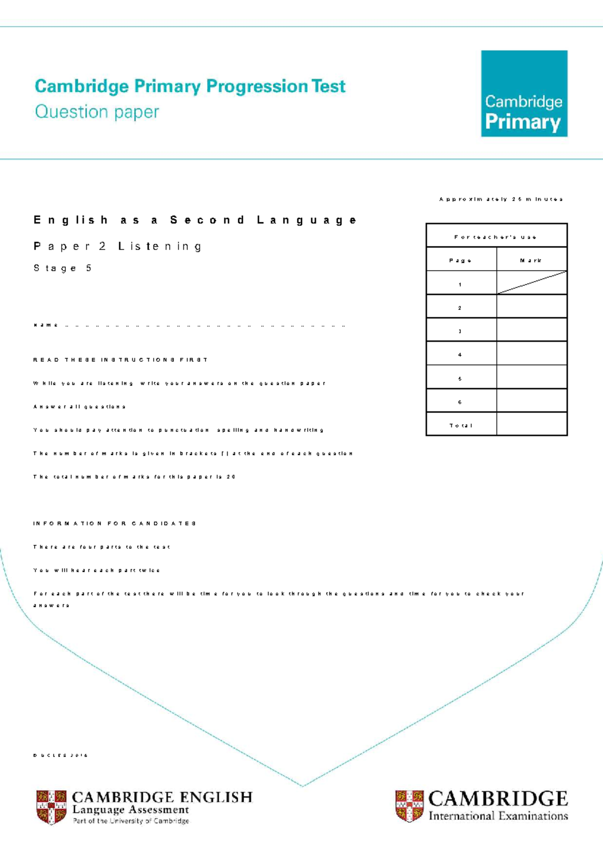 Cambridge Primary Progression Test - ESL 2016 Stage 5 - Paper 2 ...