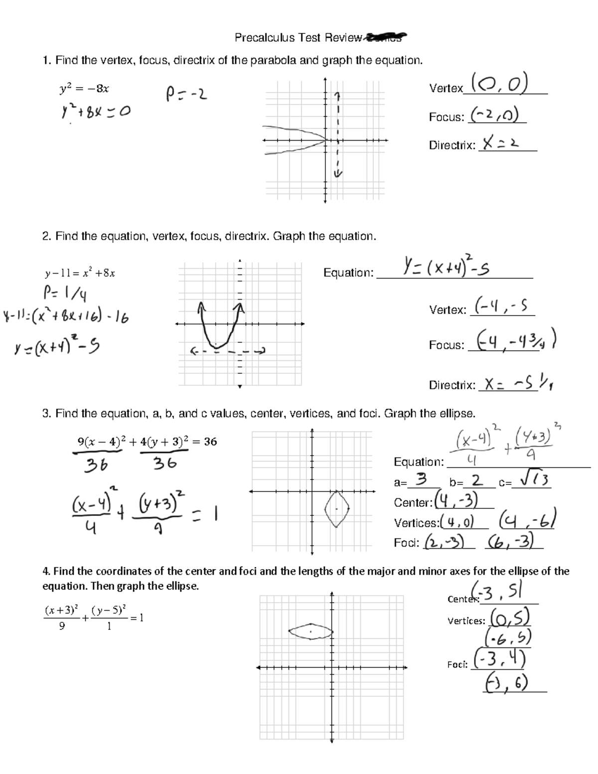 PC Ch. 9 Test Review: Conics Analysis & Graphing - Studocu