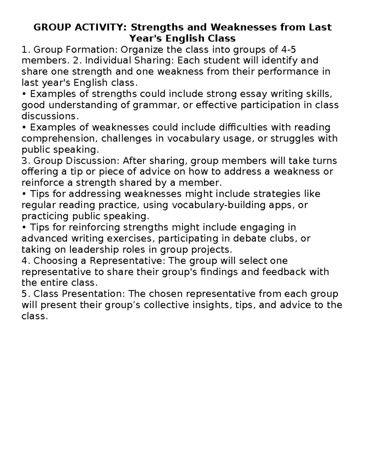 ENG 101 Group Activity: Analyzing Strengths & Weaknesses in Class - Studocu