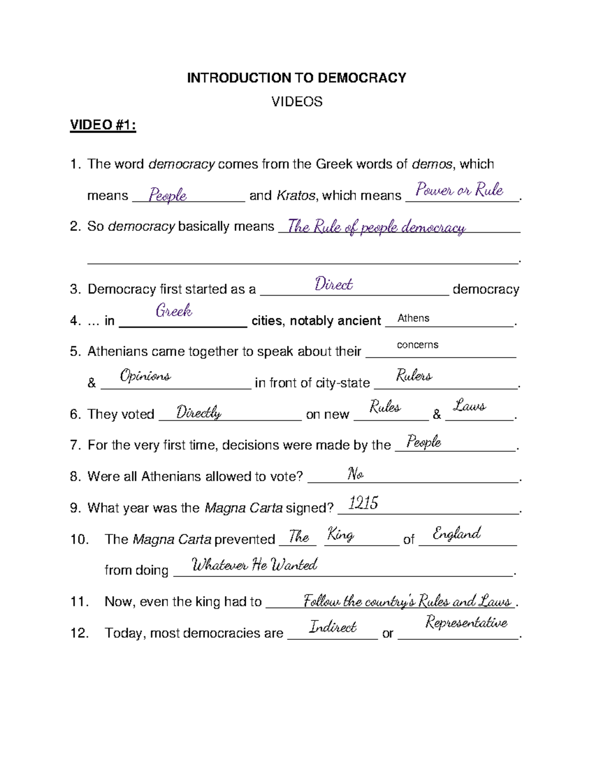 6B democracy videos worksheet: introduction to democracy - Studocu