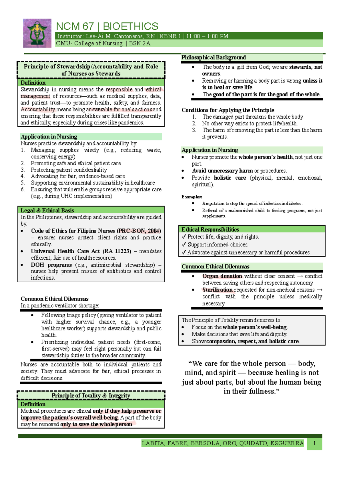 NCM 67 BIOETHICS: Stewardship, Accountability, and Ethical Nursing ...