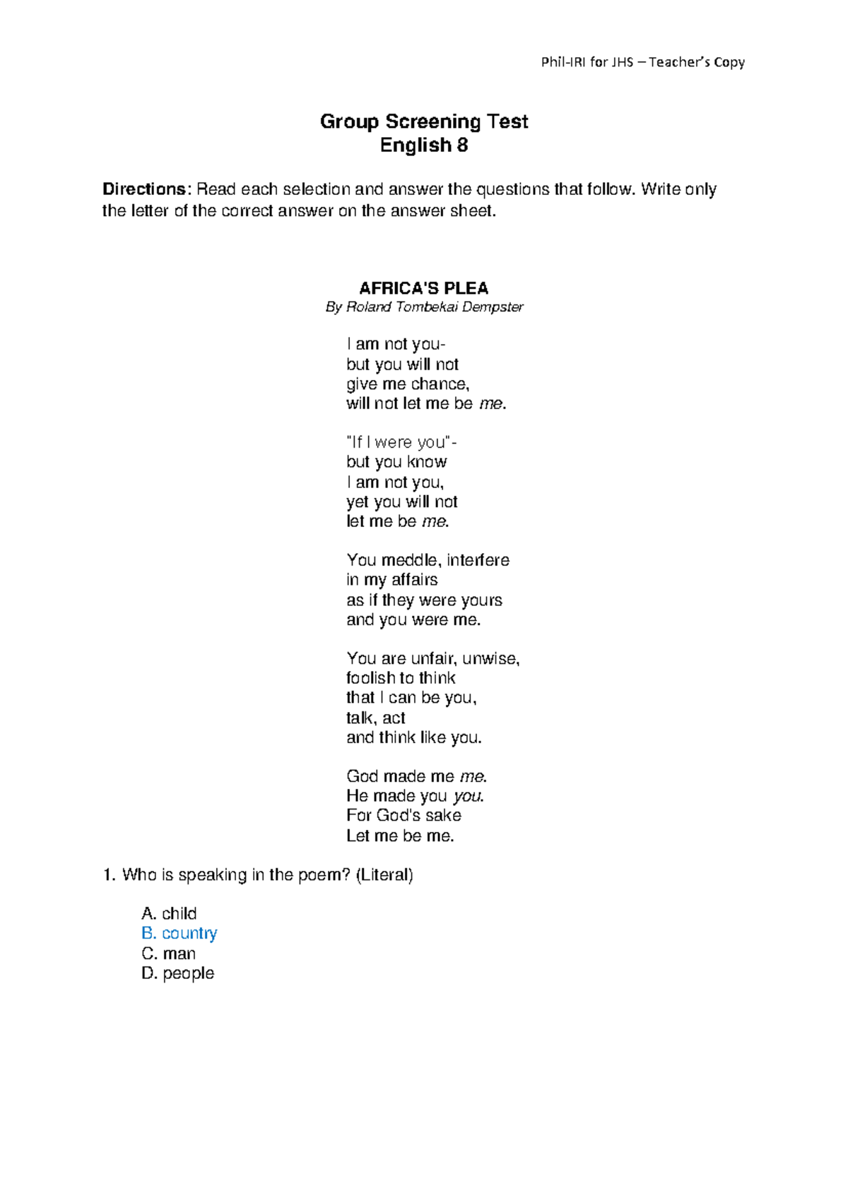 English 8 GST Group Screening Test Teacher's Copy - Studocu