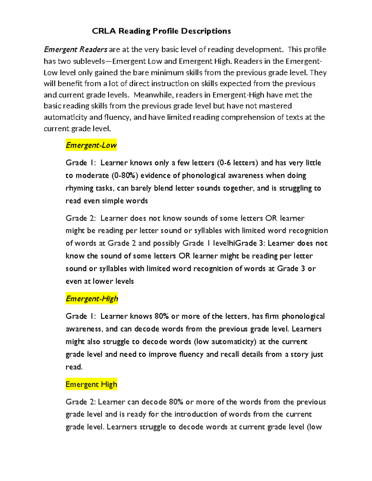 CRLA Emergent Readers Profile: Levels & Key Skills Descriptions - Studocu
