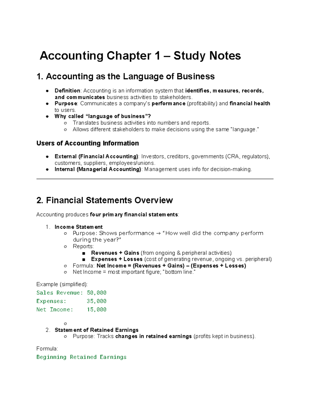 Accounting 101: Chapter 1 Study Notes on Financial Statements - Studocu