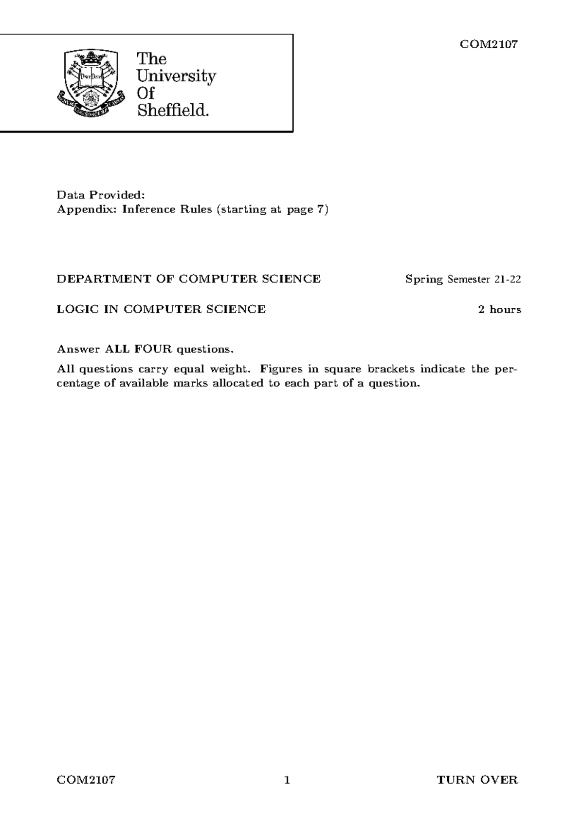 COM2107 Logic in Computer Science Past Exam Paper with Inference Rules - Studocu
