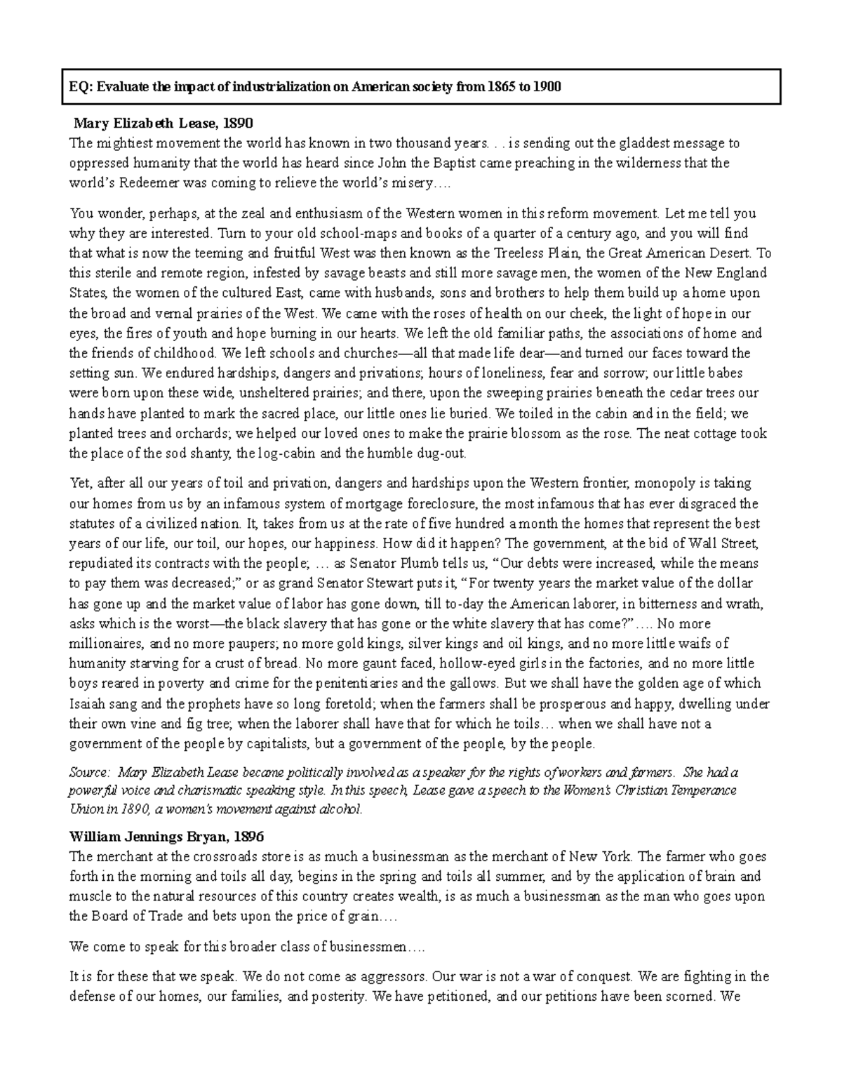 EQ: The Impact of Industrialization on American Society (1865-1900 ...