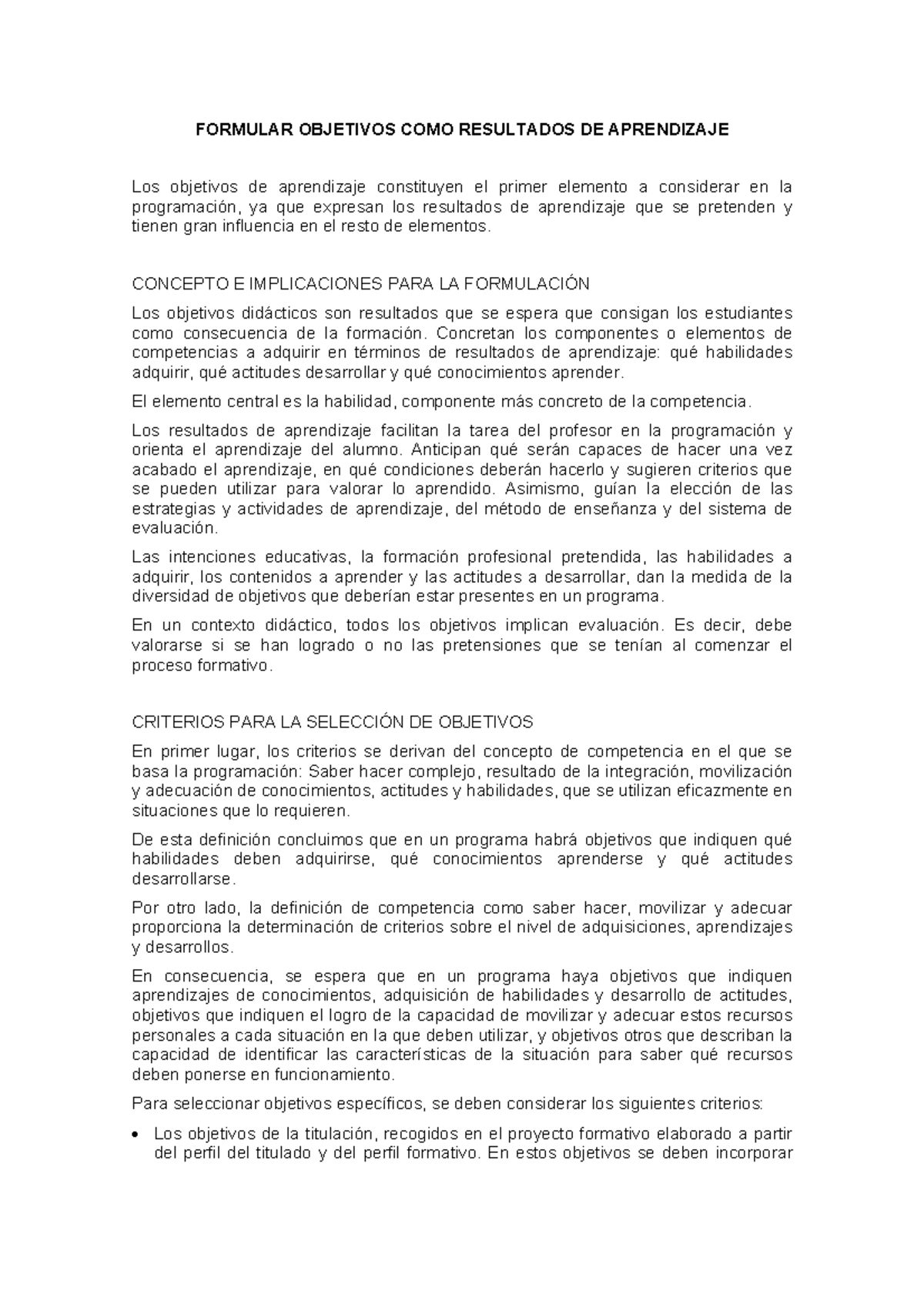 FORMULACIÓN DE OBJETIVOS Y RESULTADOS DE APRENDIZAJE - Doc1 - Studocu