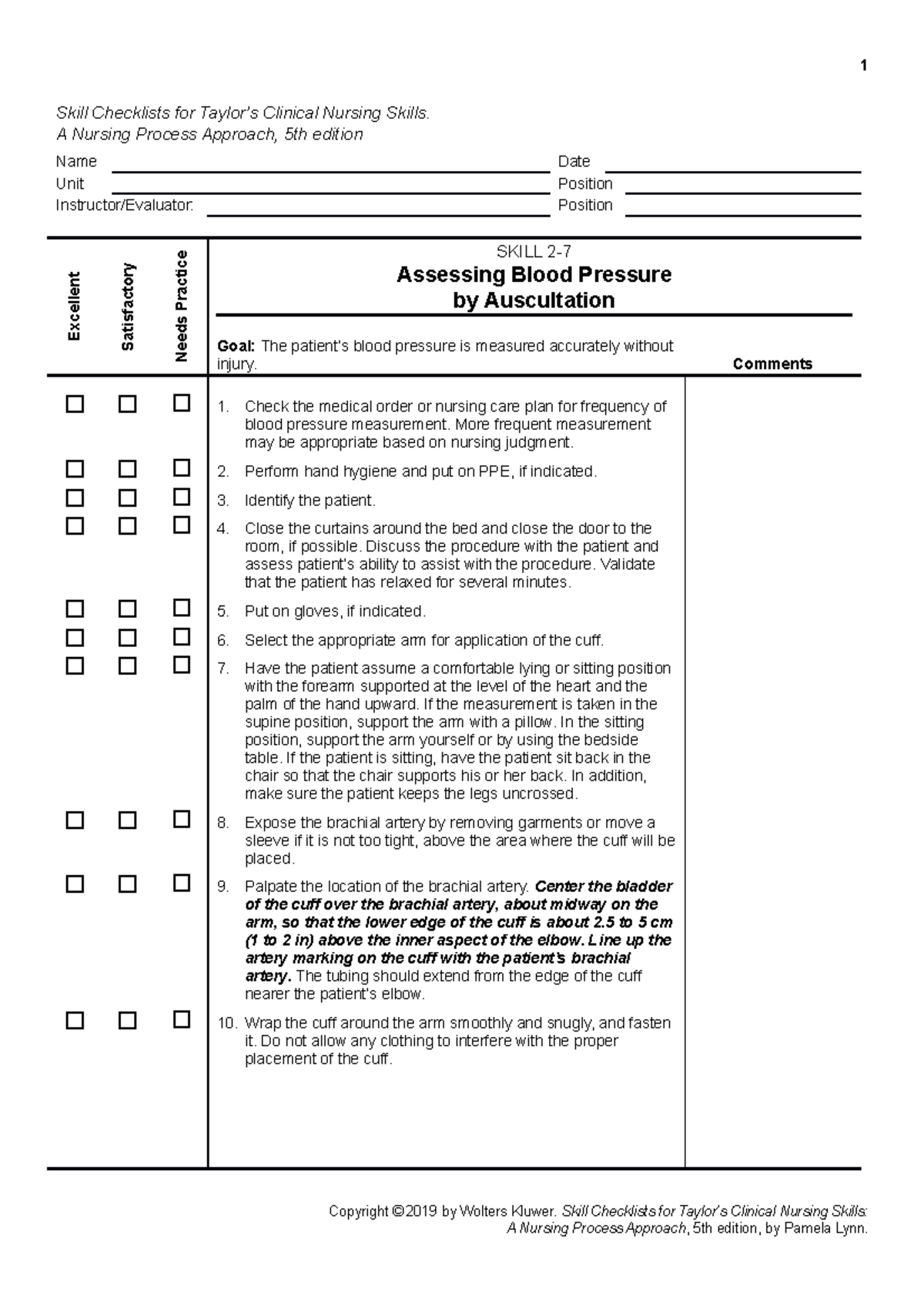 Skill 2: BP Assessment by Auscultation Checksheet - Clinical Nursing ...