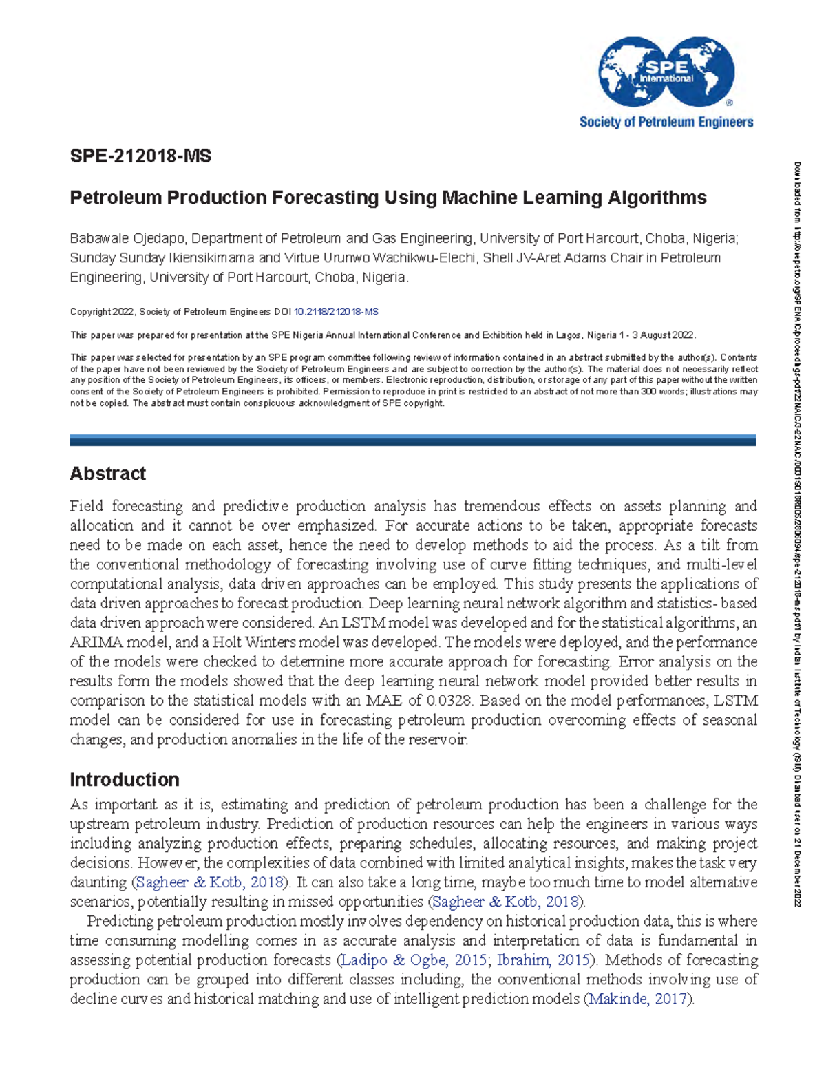 SPE-212018-MS: Petroleum Production Forecasting with ML Algorithms ...