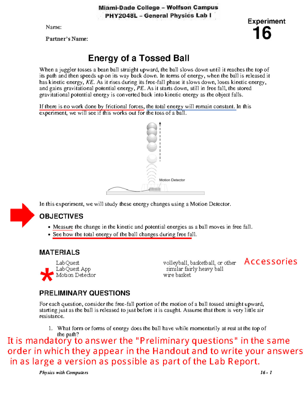 Lab No. 7 (Energy of a Tossed Ball) - 16 Physics with Computers 16 - 1 ...
