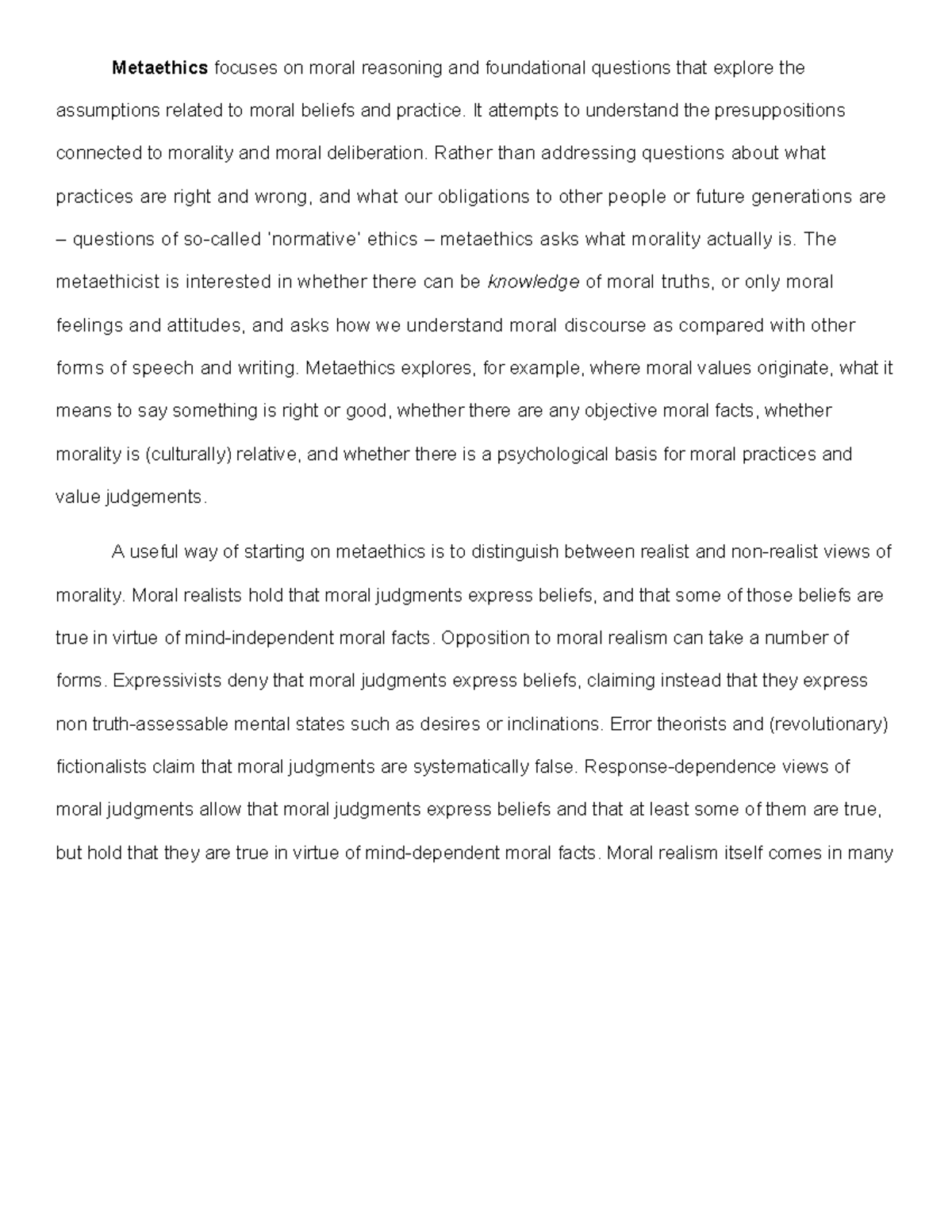 Metaethics - ... - Metaethics focuses on moral reasoning and ...