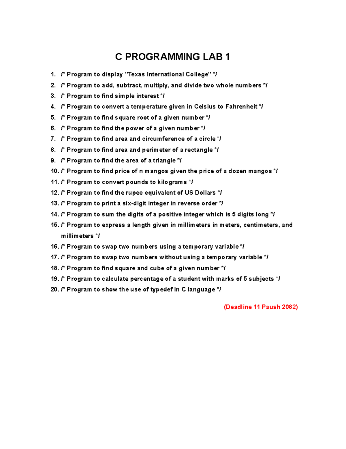 C PROGRAMMING LAB 1: Basic Operations & Functions - Studocu