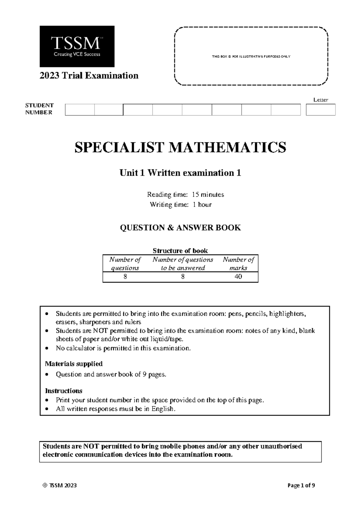 2023 TSSM Specialist Mathematics Unit 1 Exam 1 Guide - Studocu
