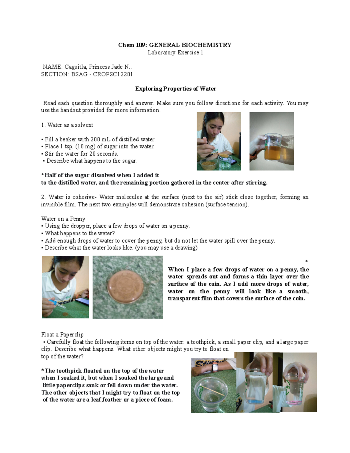 Chem 109 Lab Exercise 1: Exploring Properties of Water Effects - Studocu