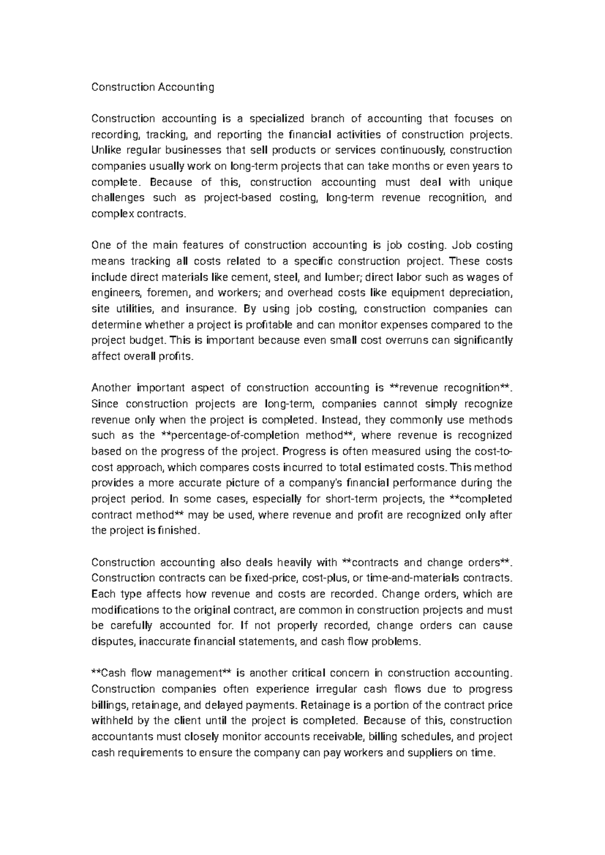 Construction Accounting: Key Concepts and Challenges - Studocu