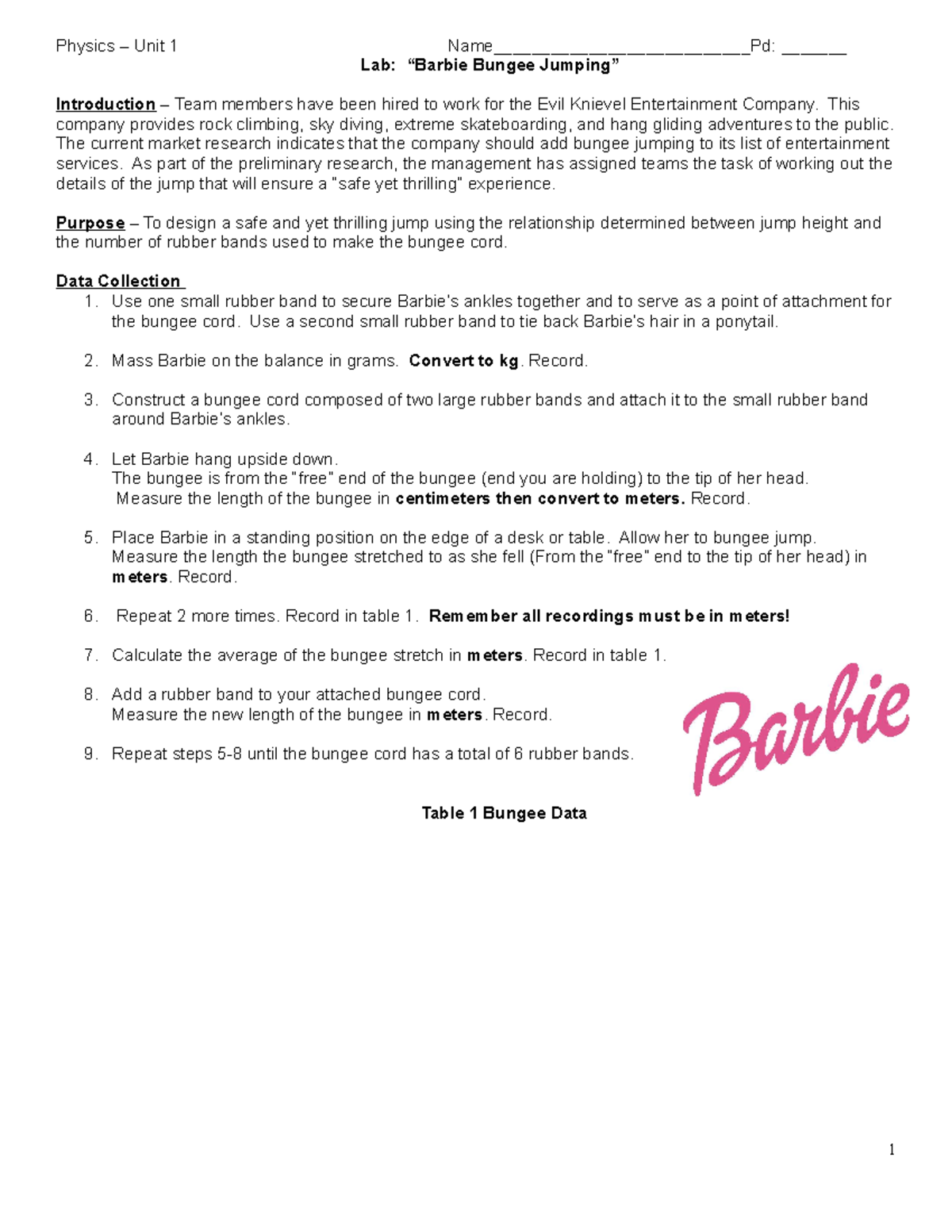 Physics Lab: Barbie Bungee Jumping Experiment (Unit 1 Lab 4) - Studocu