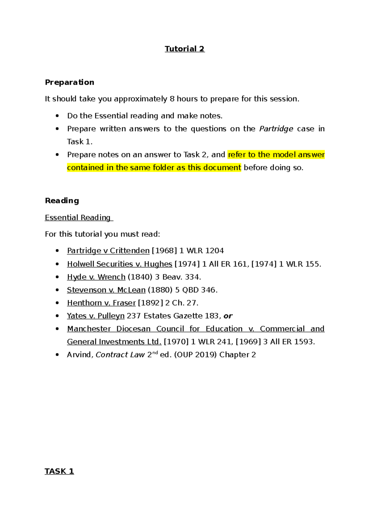 Tutorial 2 - Answers & Prep Notes on Partridge Case for Contract Law ...